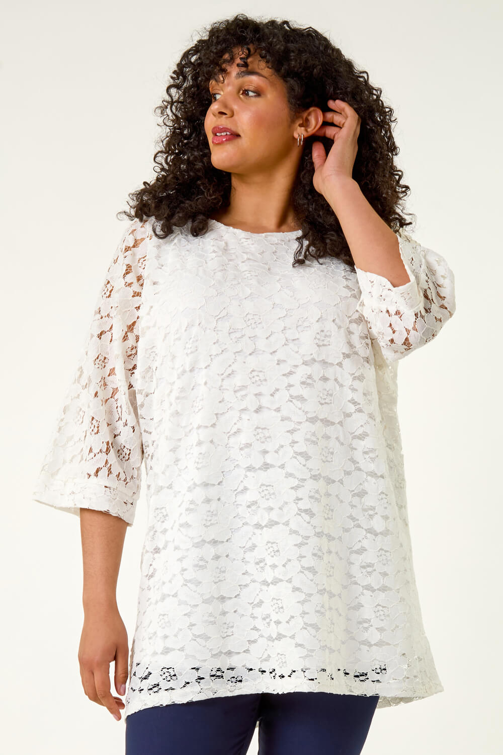 White Curve Lace Front Stretch Top | Roman UK