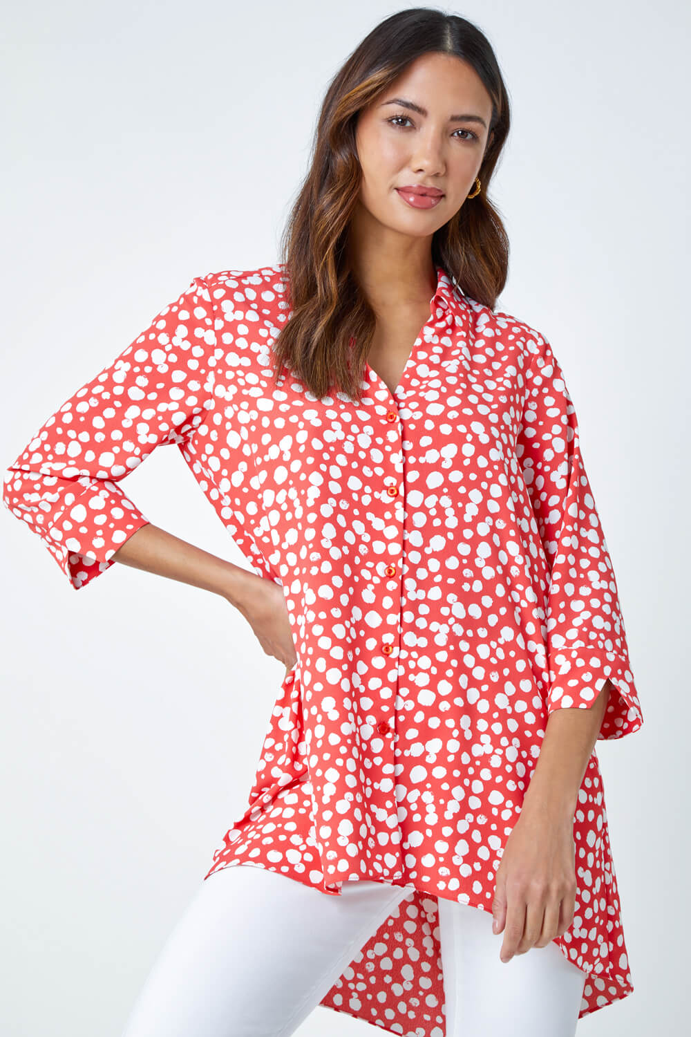 Red Spot Print Dipped Hem Shirt | Roman UK