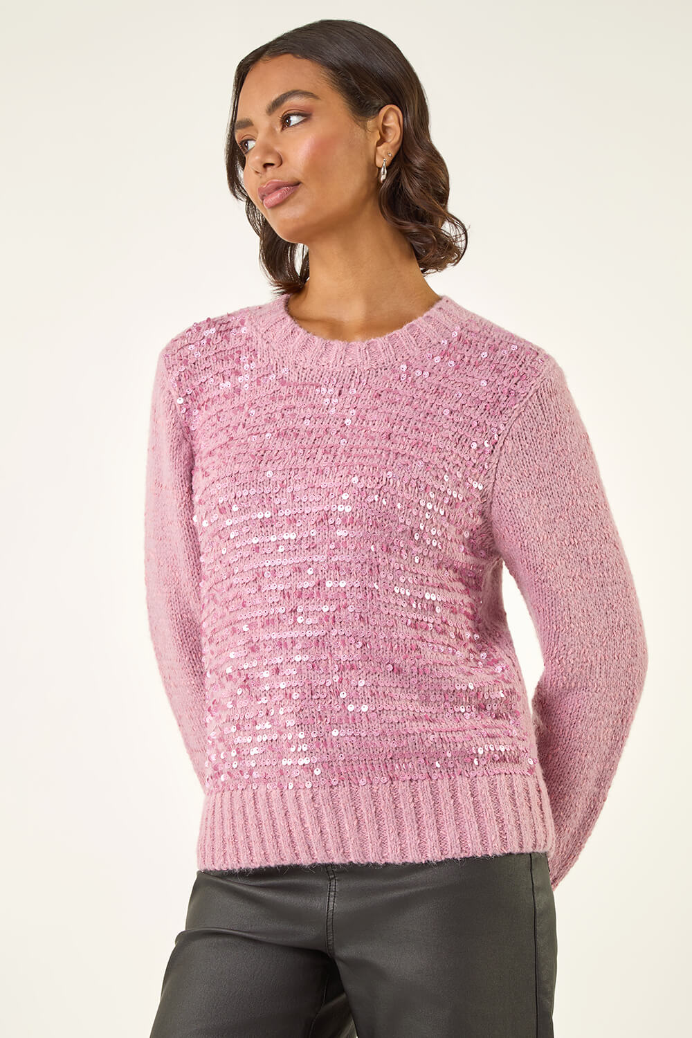 Pink Sparkly Crew Neck Knit Jumper | Roman UK