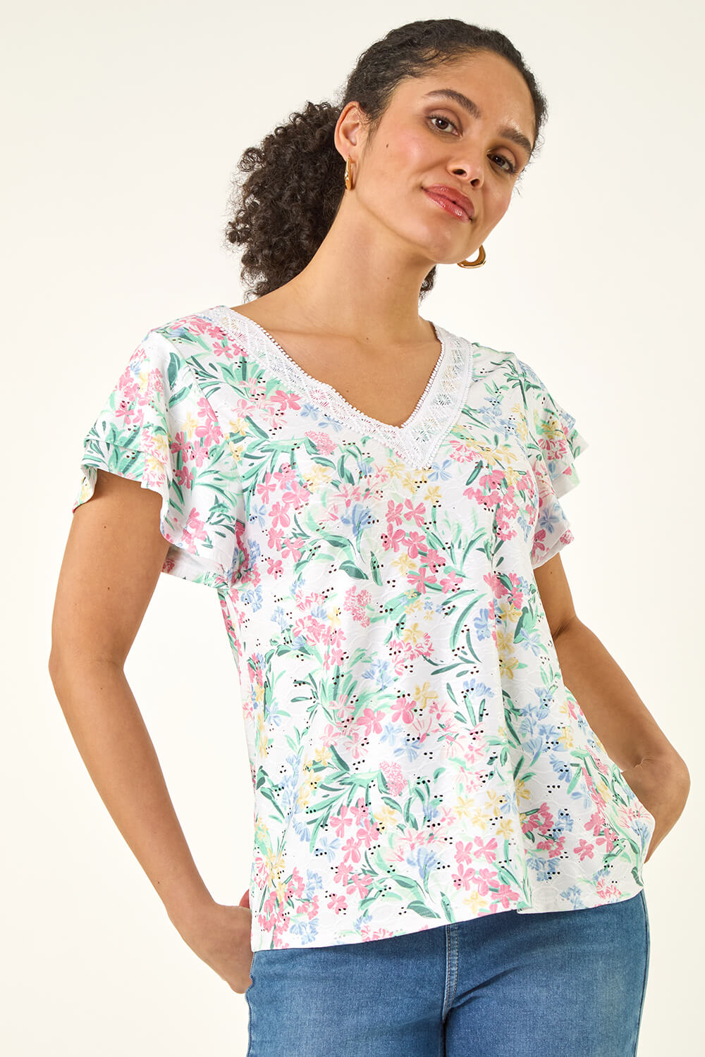 White Floral Lace Textured Top | Roman UK