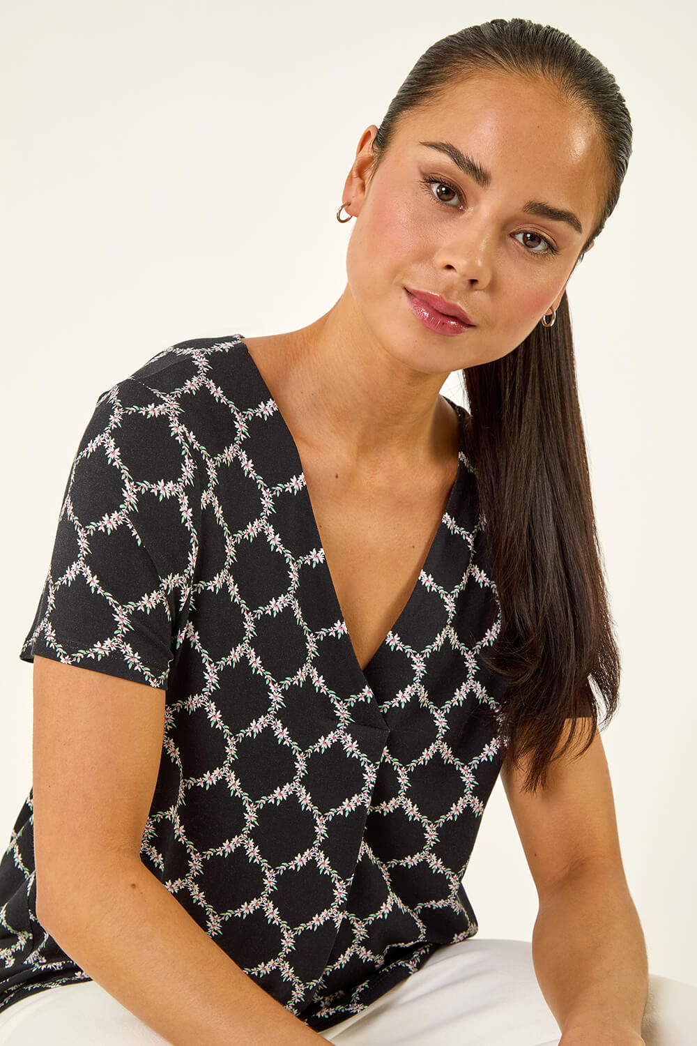 Black Petite Abstract V-Neck Stretch Top | Roman UK