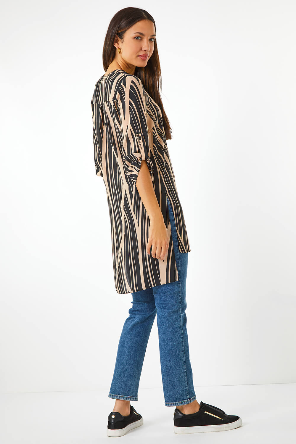 Abstract Print Longline Blouse in Black - Roman Originals UK
