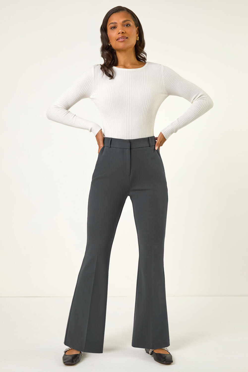 Dark Grey Short Bootcut Stretch Trousers | Roman UK