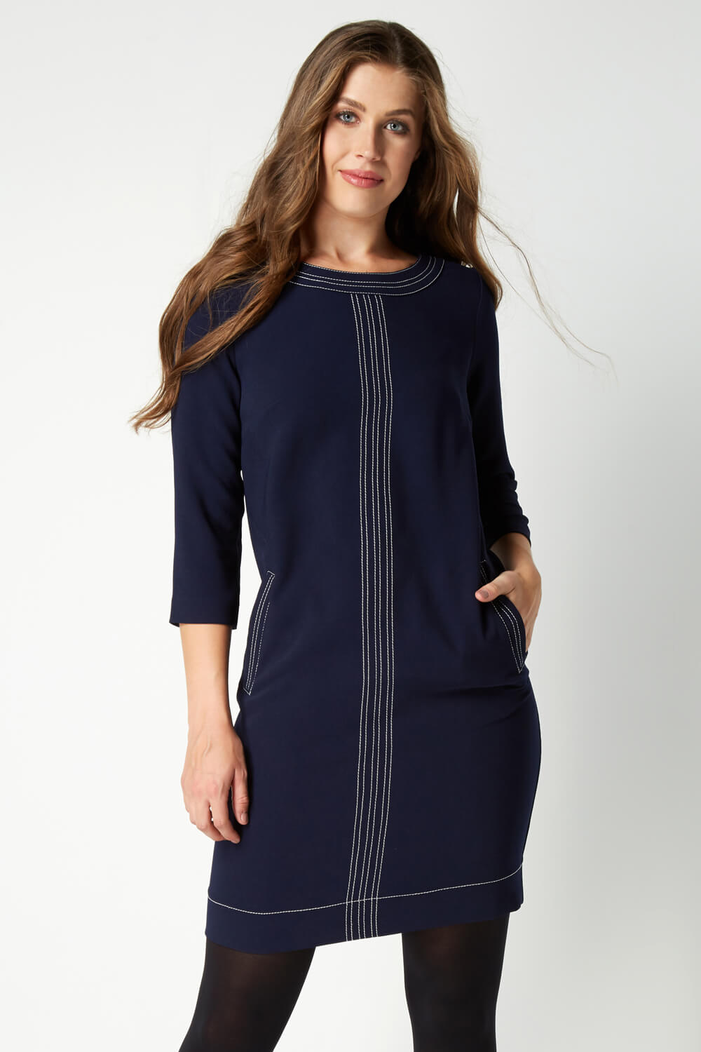 3/4 Sleeve Top Stitch Shift Dress in Navy - Roman Originals UK