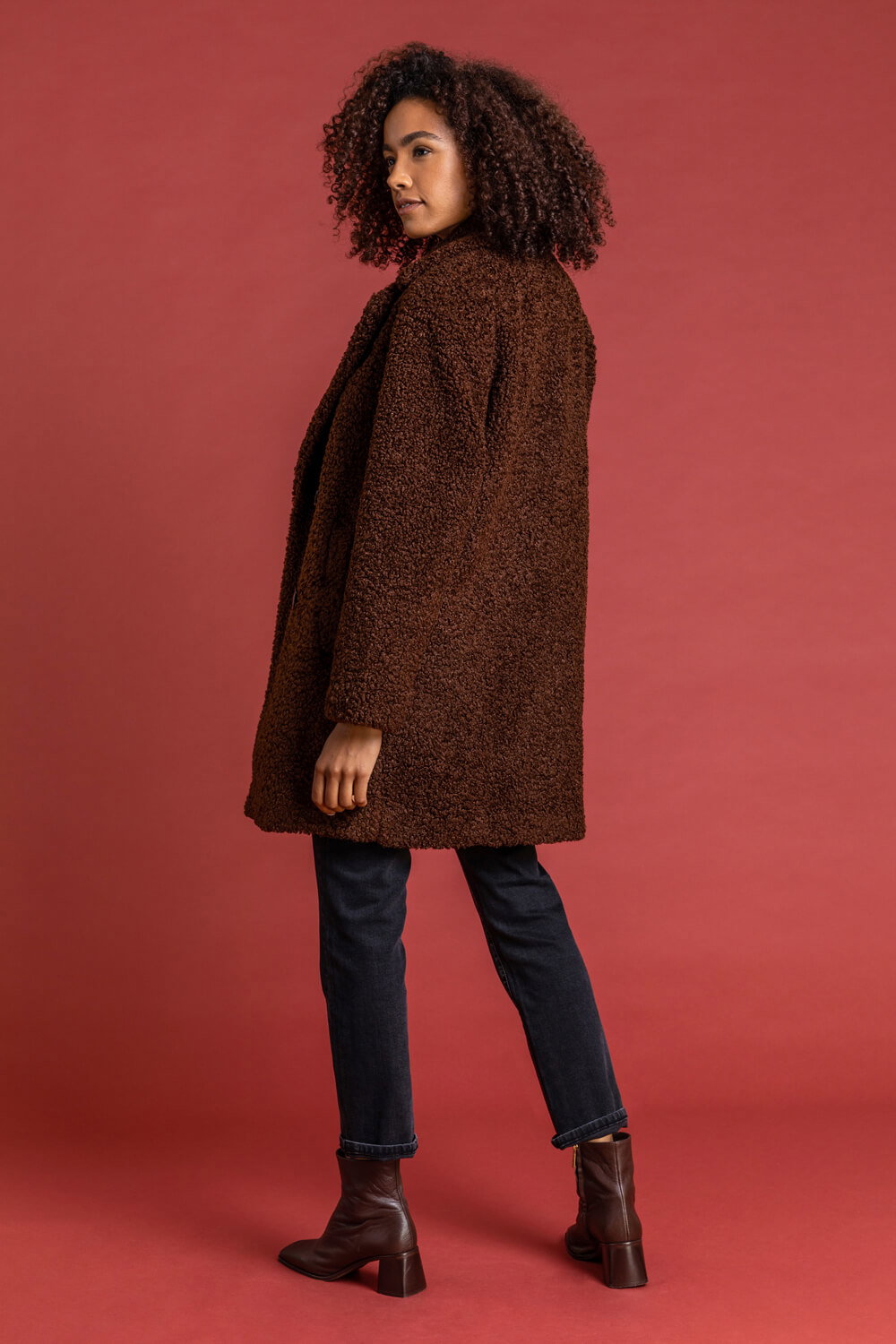 Faux Fur Longline Teddy Coat in Chocolate - Roman Originals UK