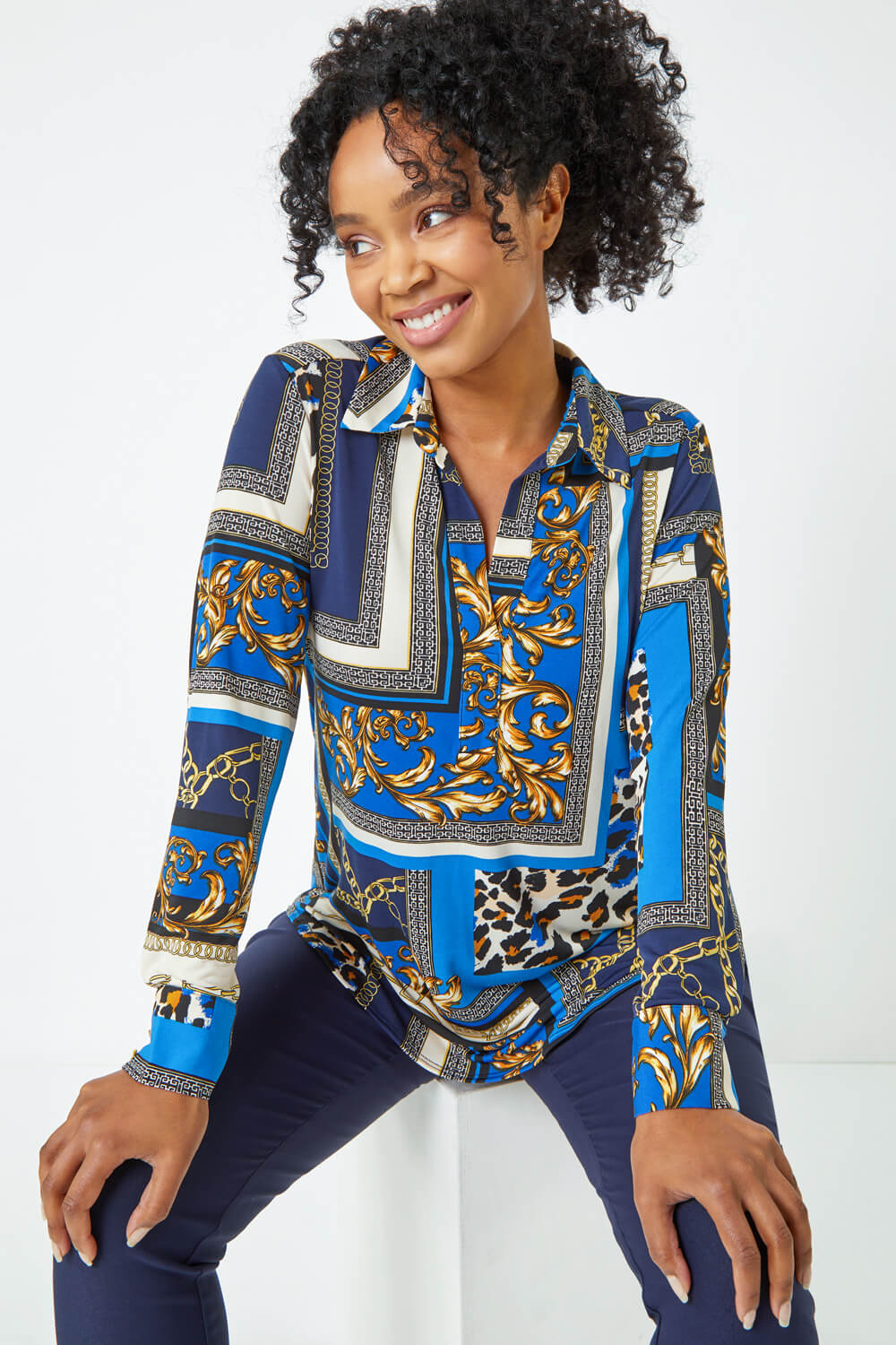 Petite Abstract Animal Print Blouse in Royal Blue - Roman Originals UK