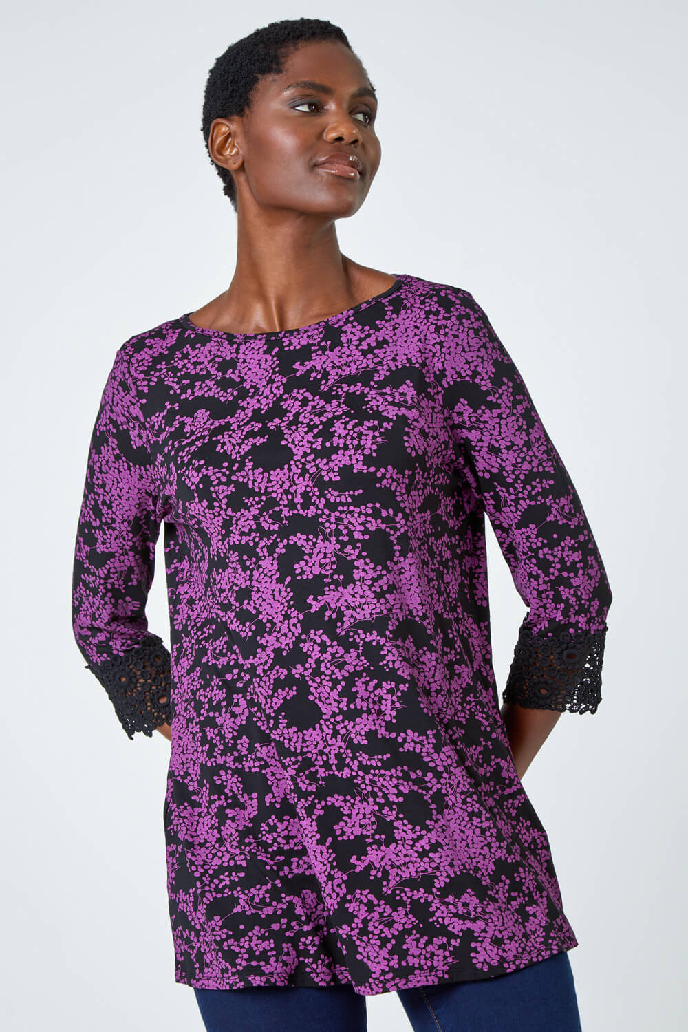 Purple Floral Lace Cuff Stretch Top | Roman UK