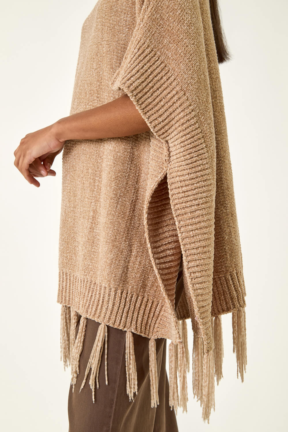 Natural Tassel Trim Knit Poncho | Roman UK