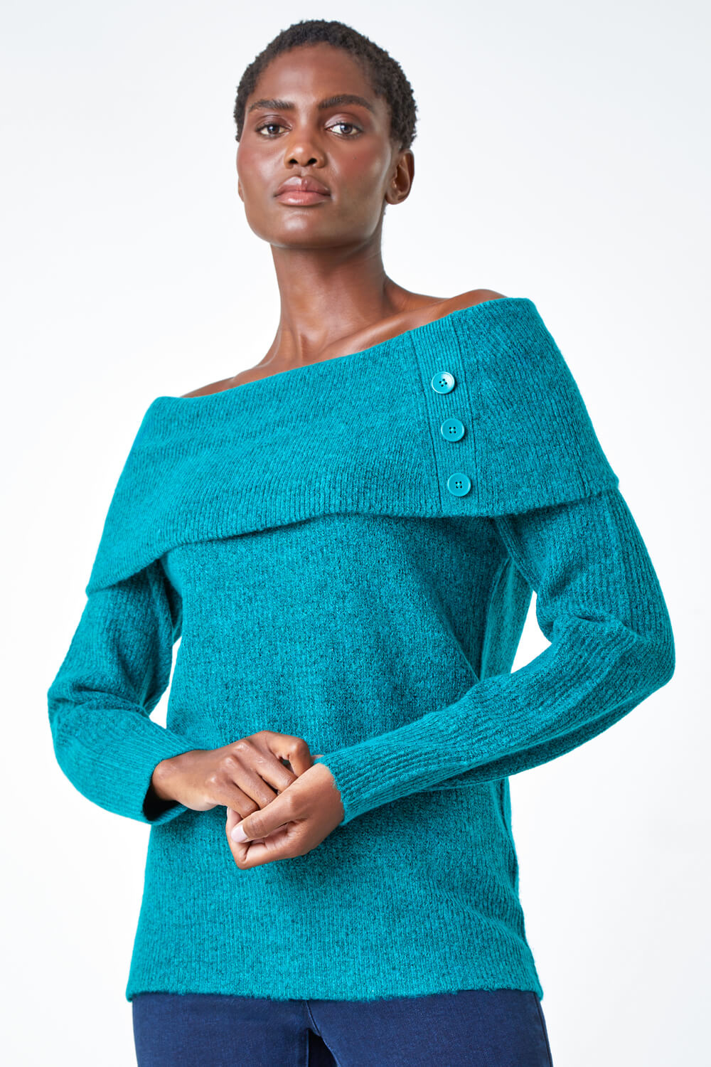 Jade Bardot Button Detail Stretch Jumper | Roman UK