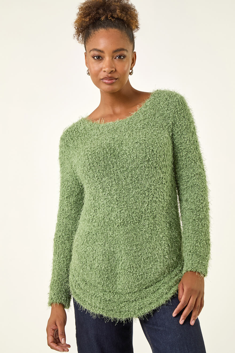 Green Fluffy Knit Curved Hem Knit Jumper | Roman UK