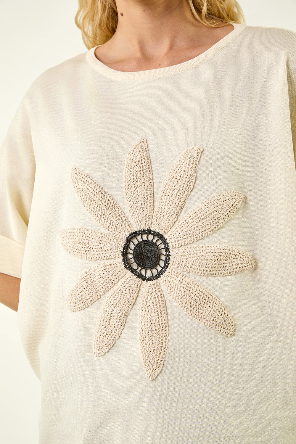 Beige Crochet Flower Knit Top | Roman UK