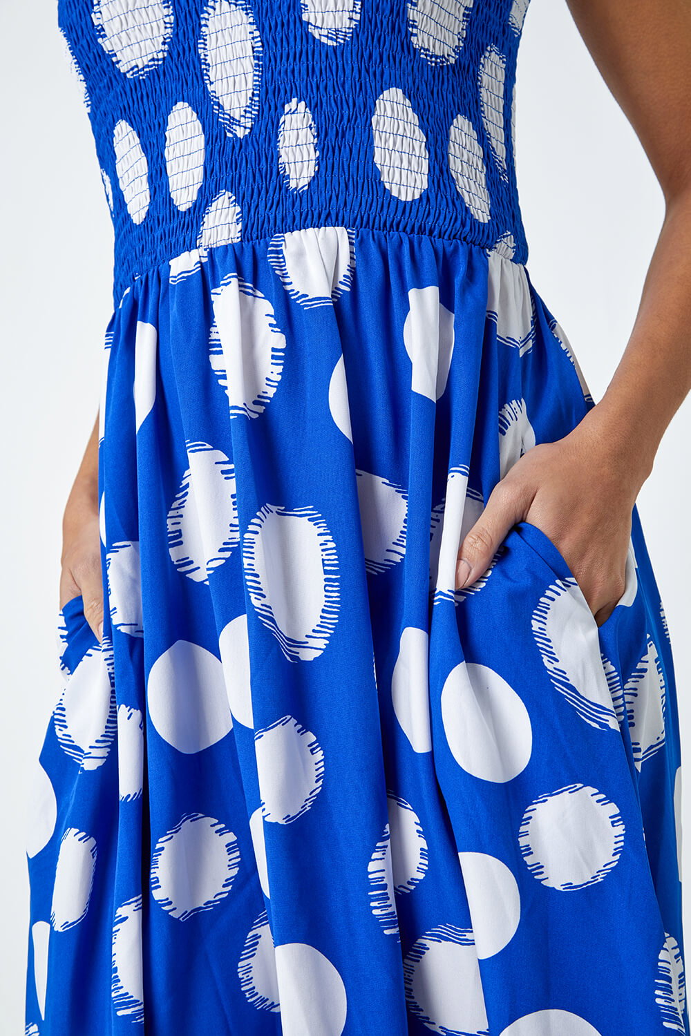 Royal Blue Polka Dot Shirred Stretch Midi Dress | Roman UK