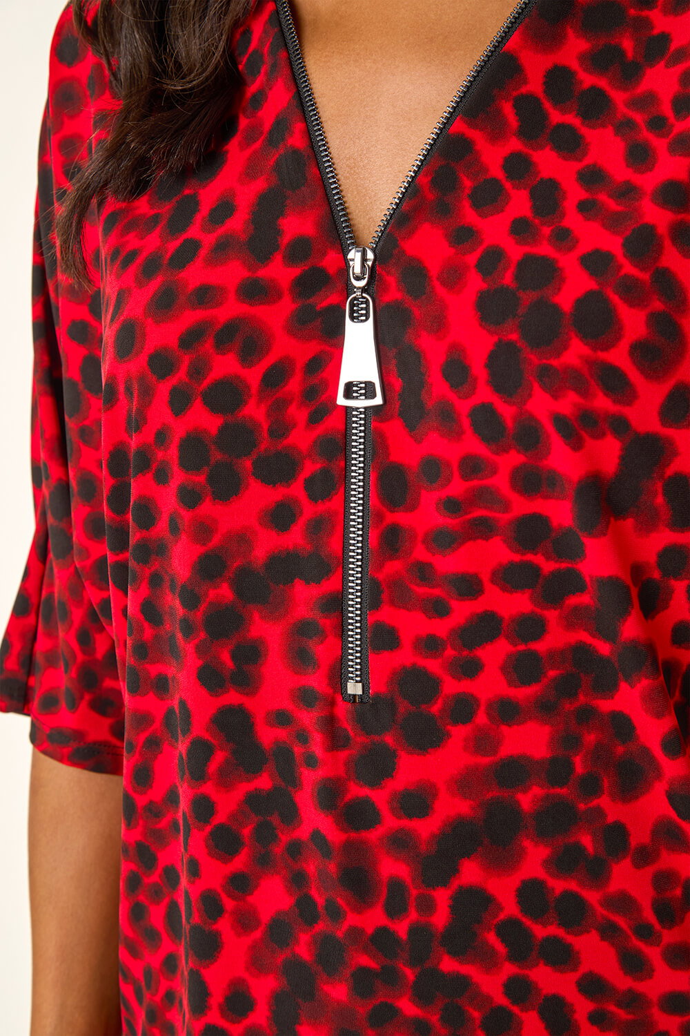 Red Animal Print Zip Front Stretch Top | Roman UK