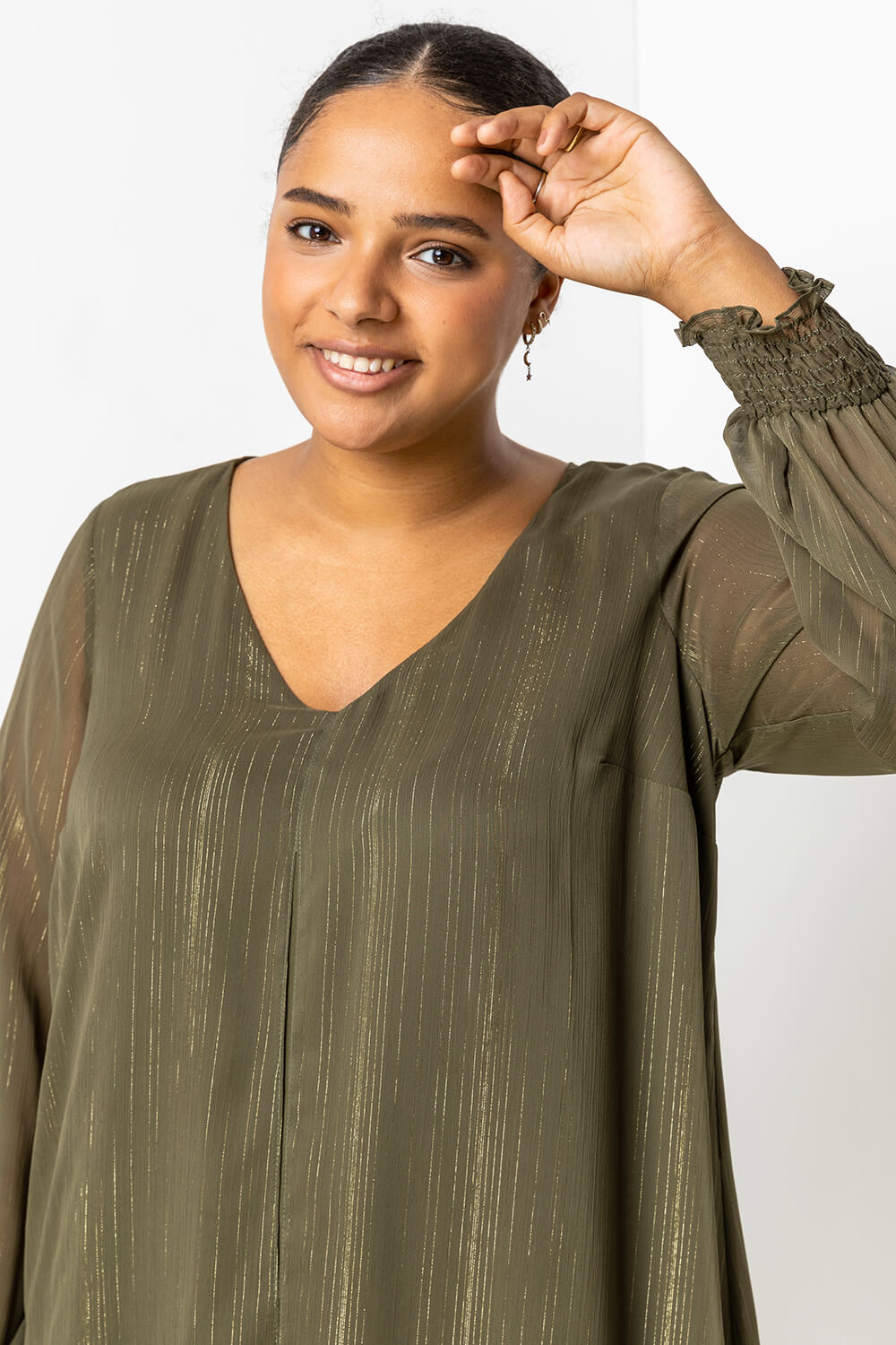Curve Chiffon Shimmer Split Front Top in Khaki - Roman Originals UK