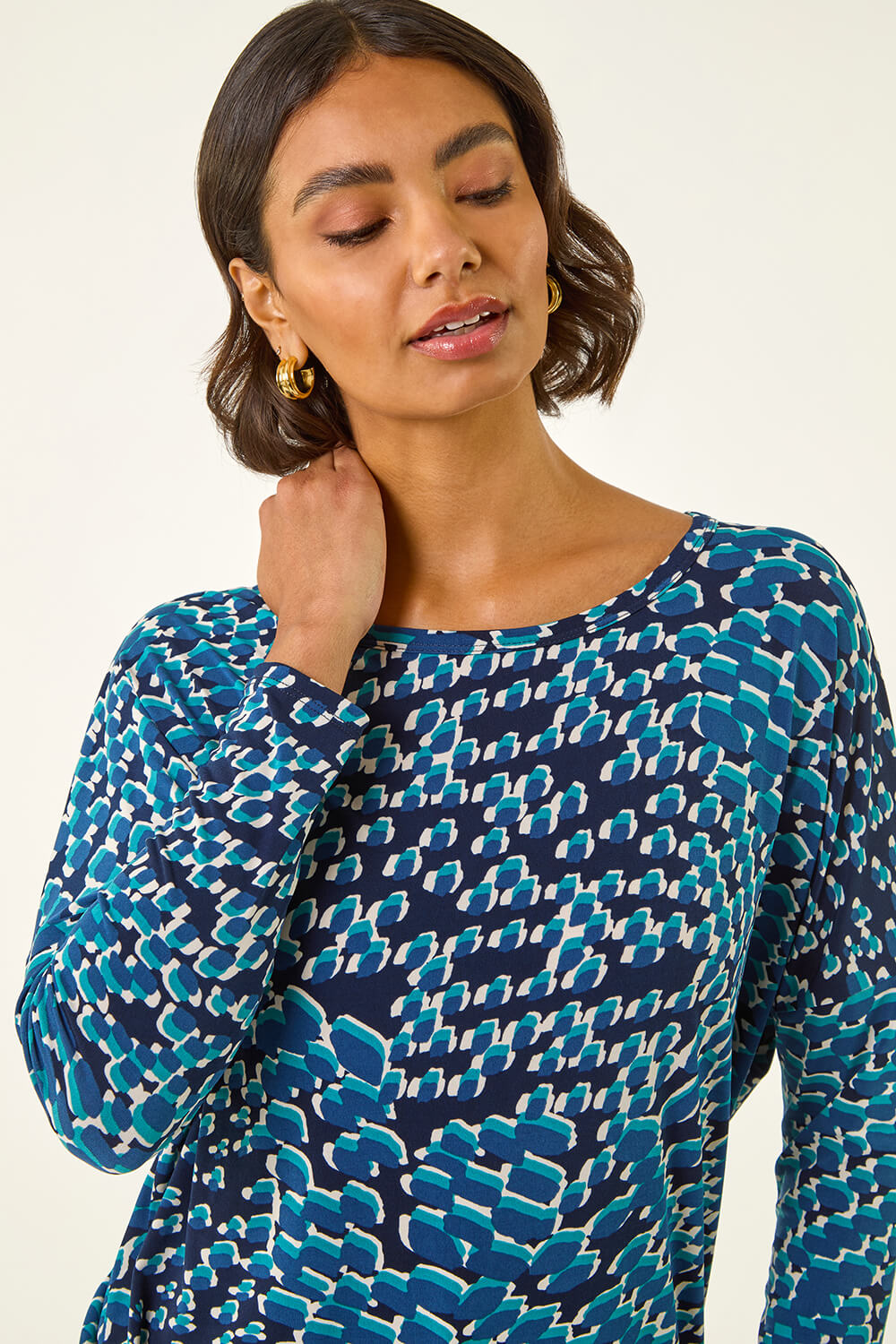 Blue Printed Bubble Hem Top | Roman UK