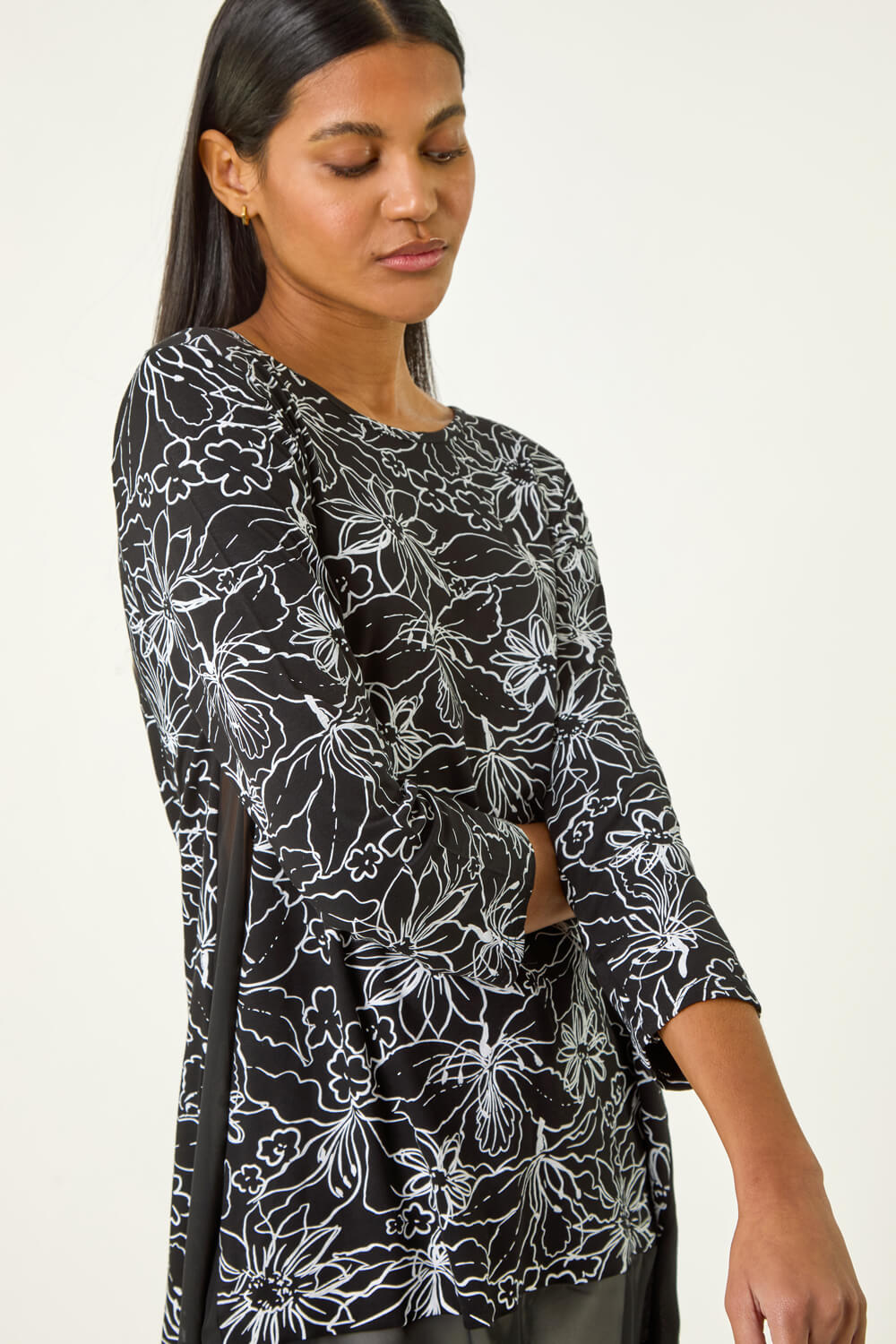 Black Floral Print Mesh Hem Tunic Top | Roman UK