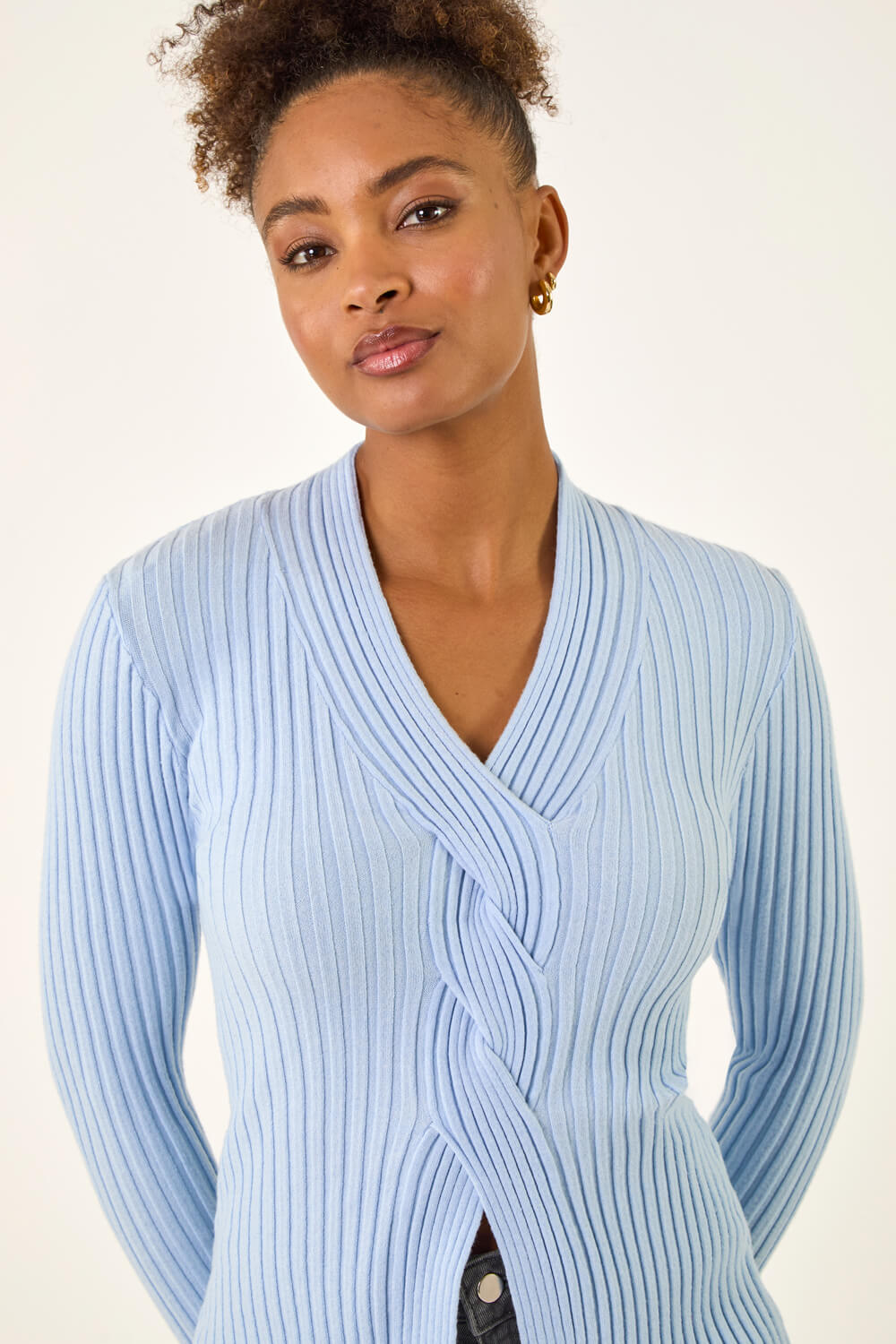 Light Blue Cable Split Detail Rib Jumper | Roman UK