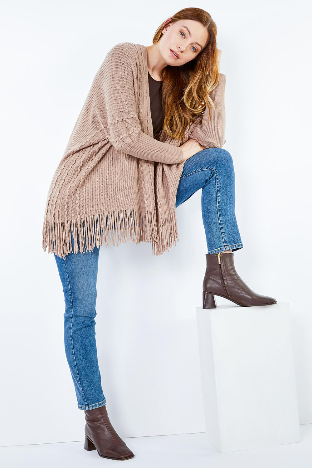 Textured Fringed Cardigan in Mocha - Roman Originals UK