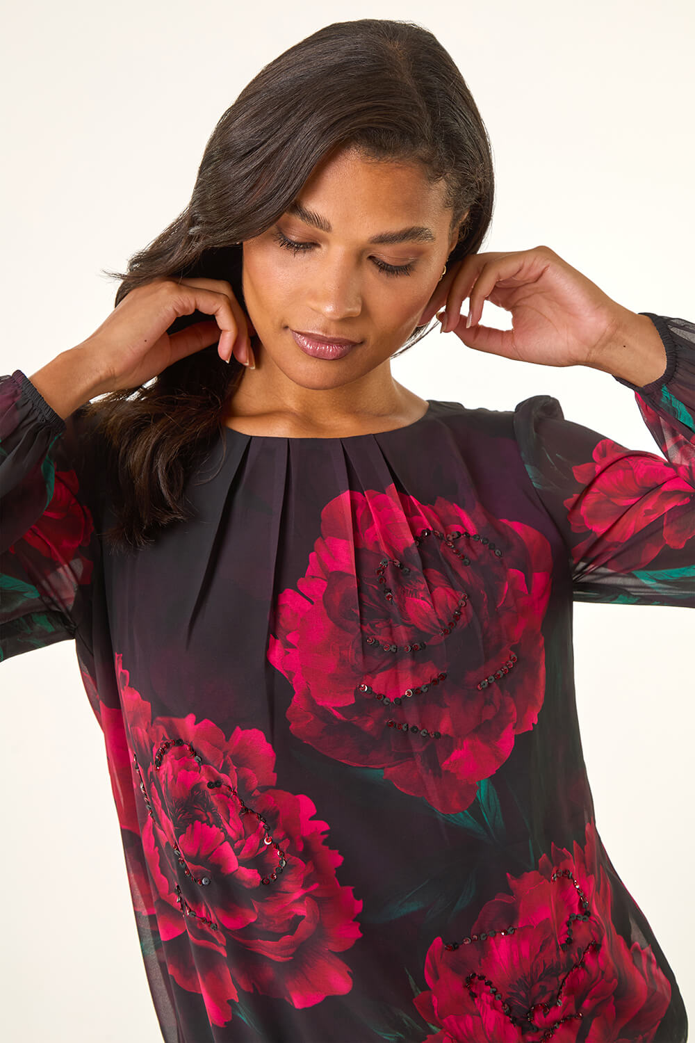 Red Floral Print Sequin Top | Roman UK