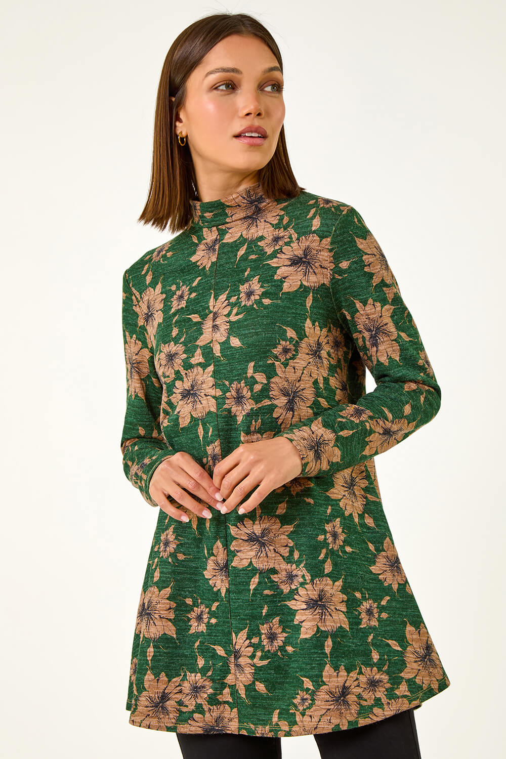 Green Floral Print High Neck Stretch Tunic Top | Roman UK