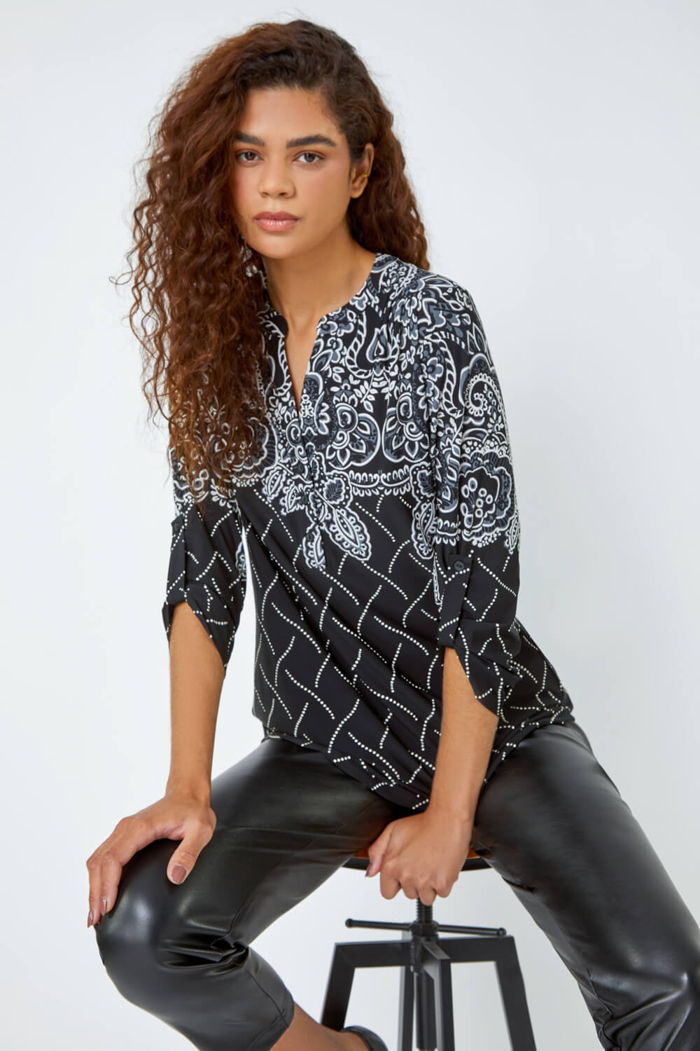 Black Textured Border Print Stretch Shirt | Roman UK