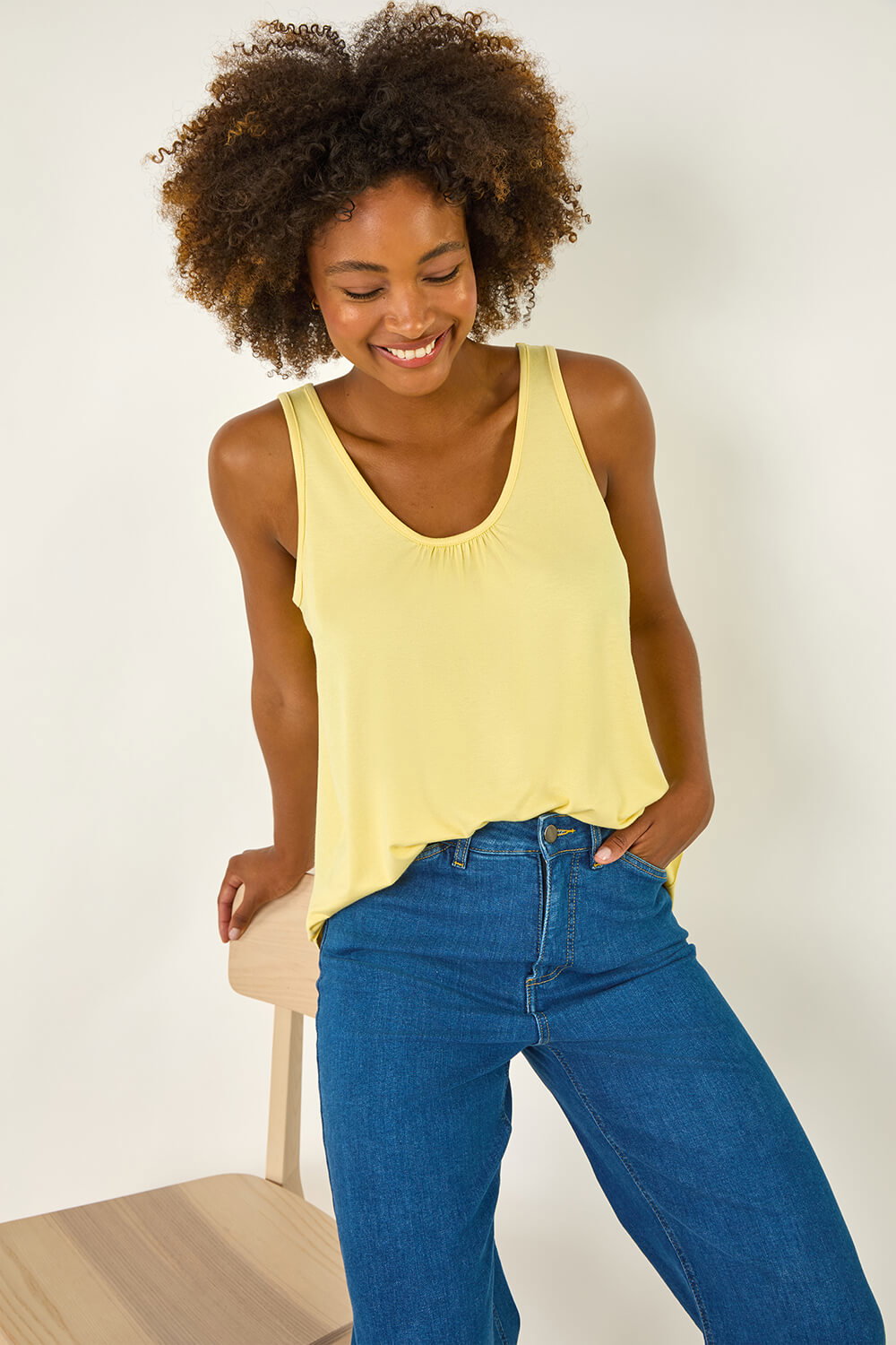 Light Yellow V-Neck Stretch Jersey Vest Top | Roman UK