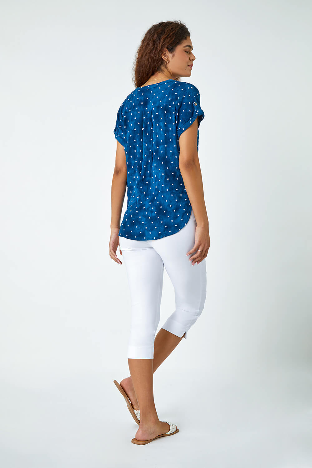 Navy Embroidered Polka Dot Print Top | Roman UK