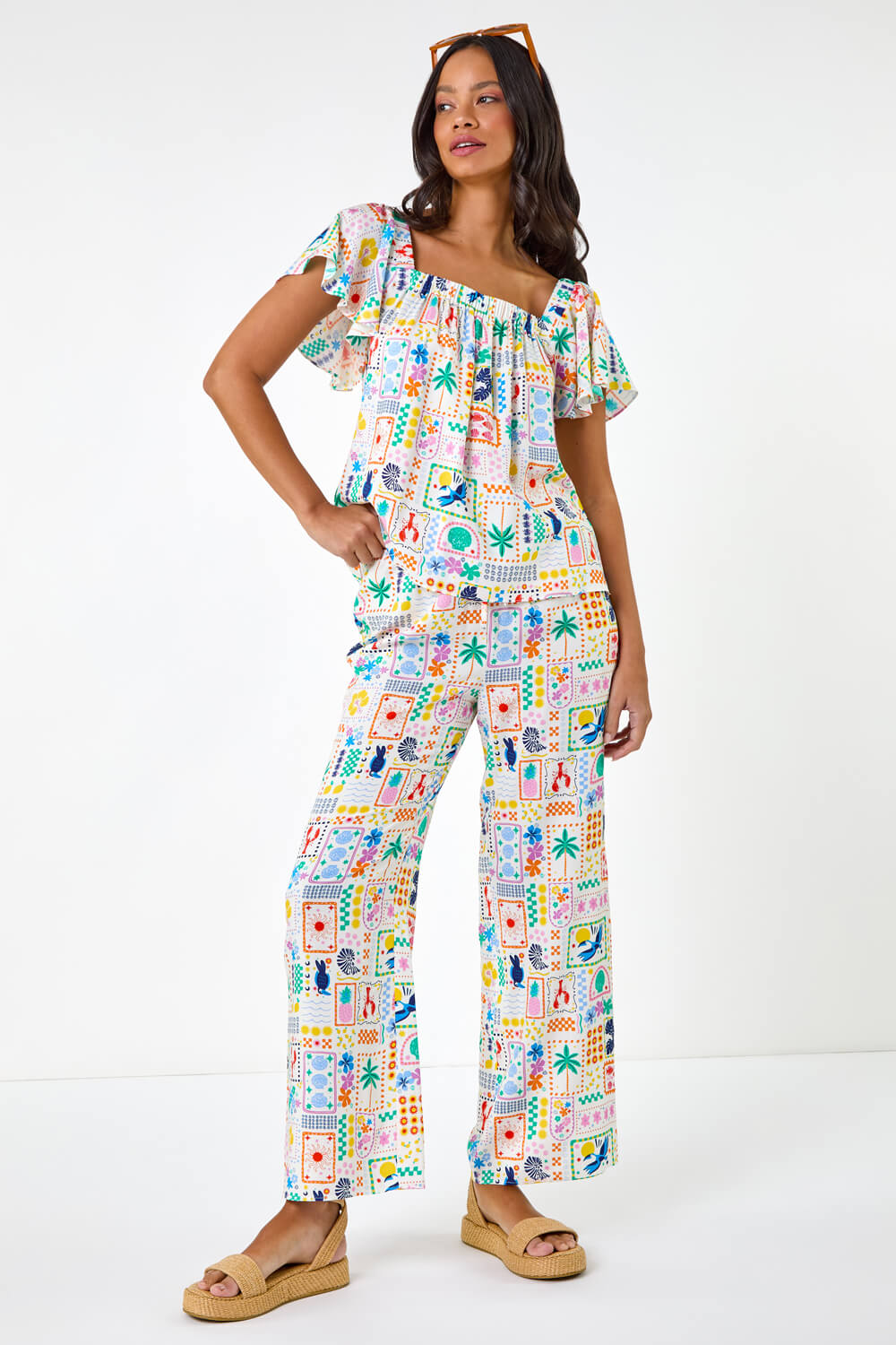 Multi Patchwork Palm Ruffle Top | Roman UK
