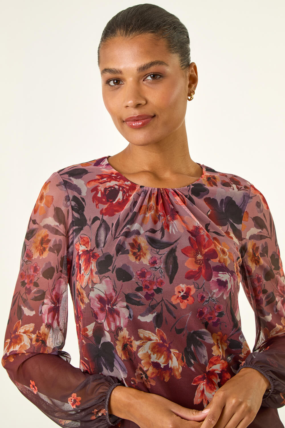 Chocolate Floral Print Mesh Top | Roman UK