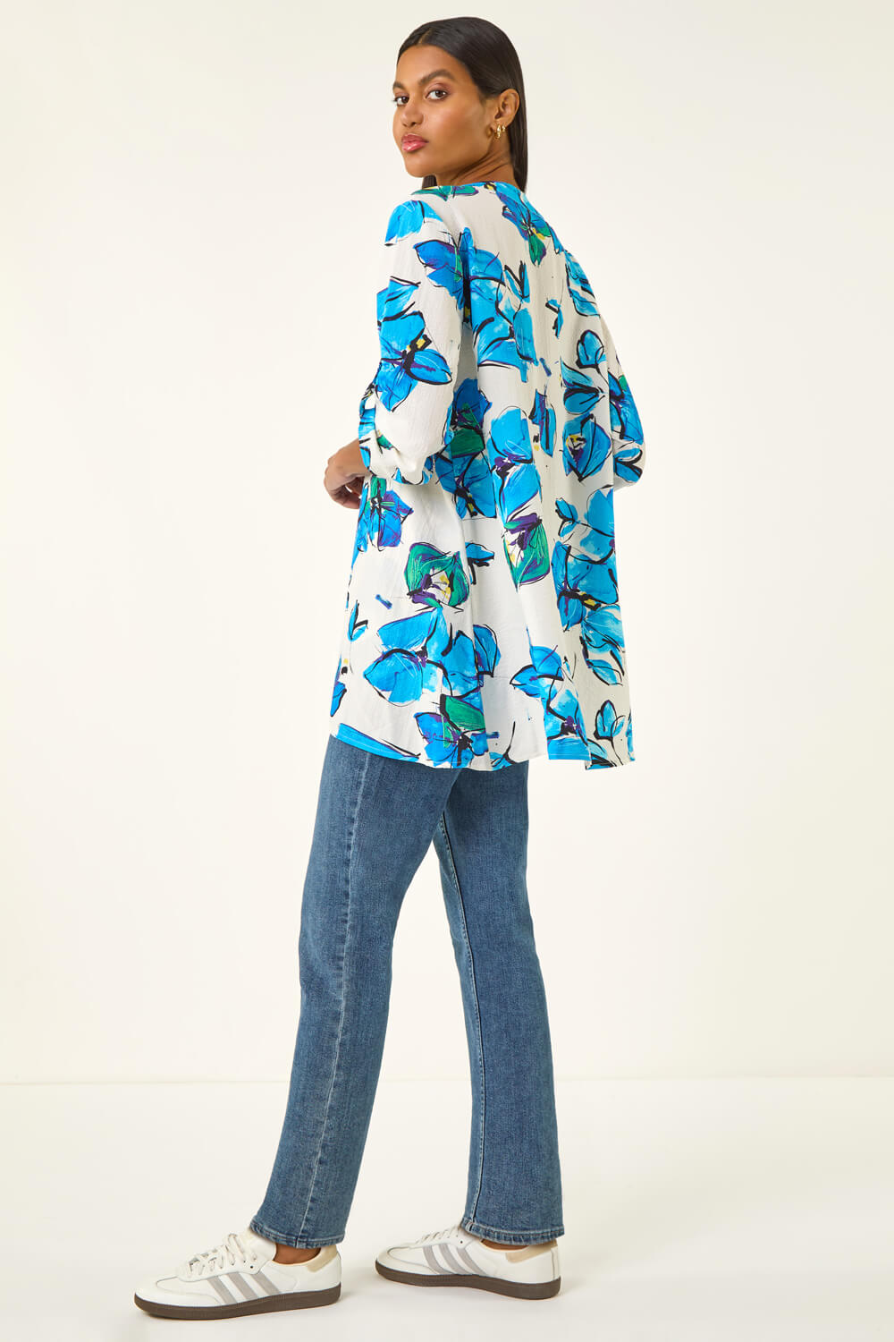 Blue Floral Wrap Hem Stretch Tunic Top | Roman UK