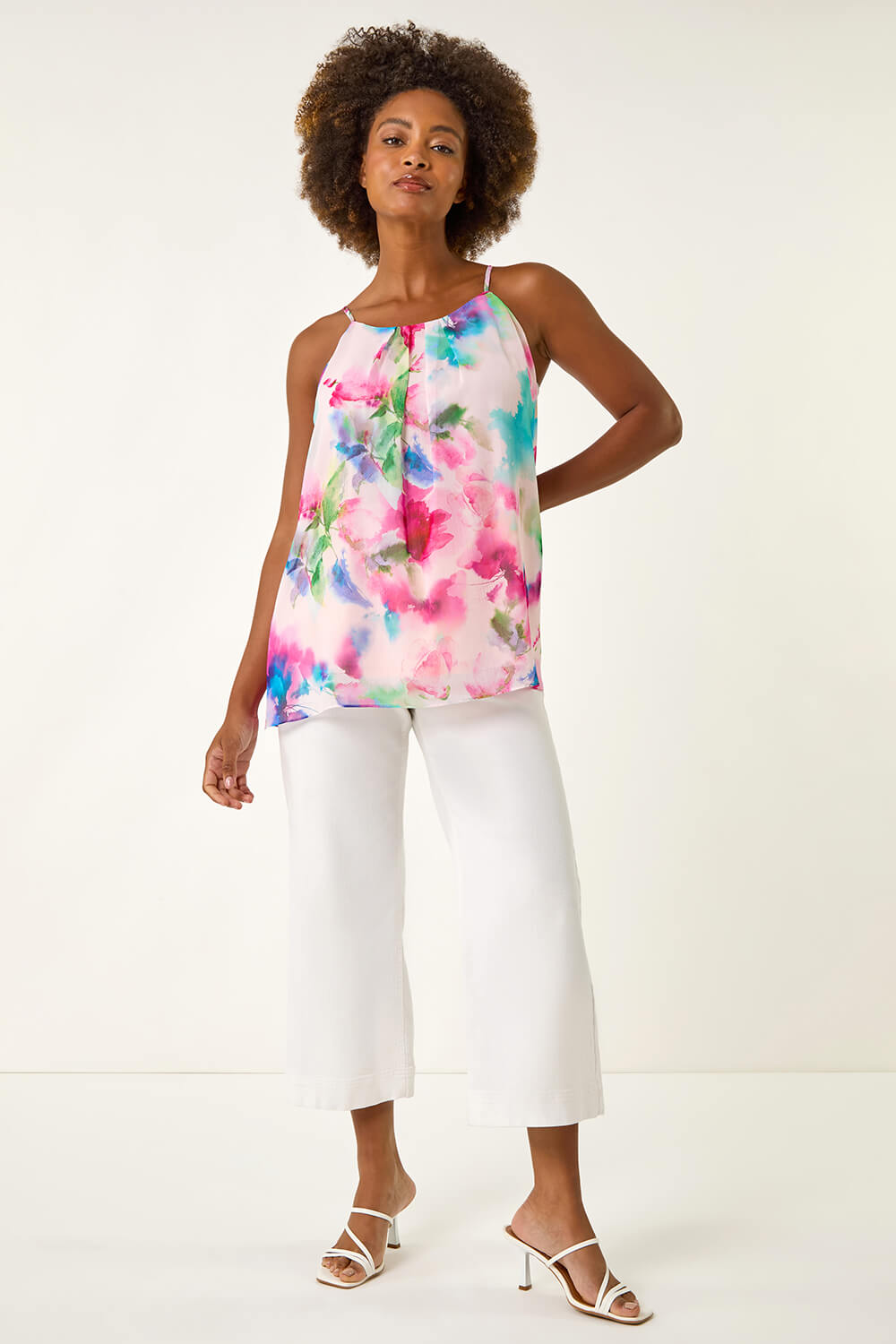 Pink Floral Watercolour Chiffon Cami Top | Roman UK