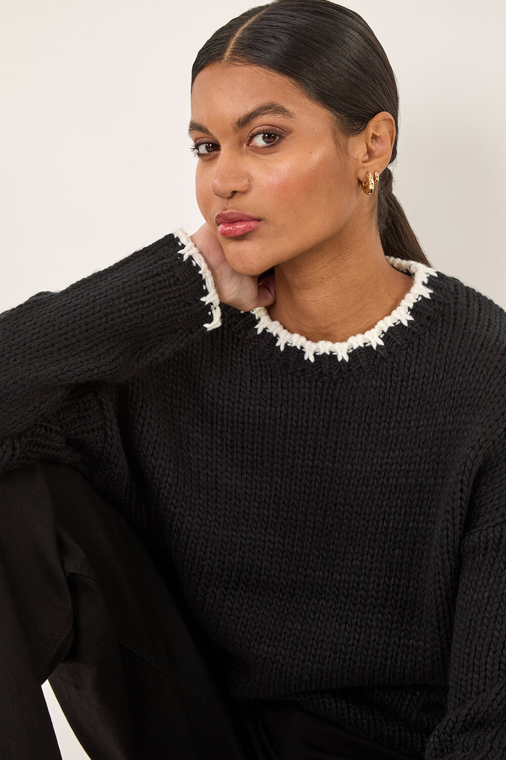 Black Stitch Detail Soft Knit Jumper | Roman UK