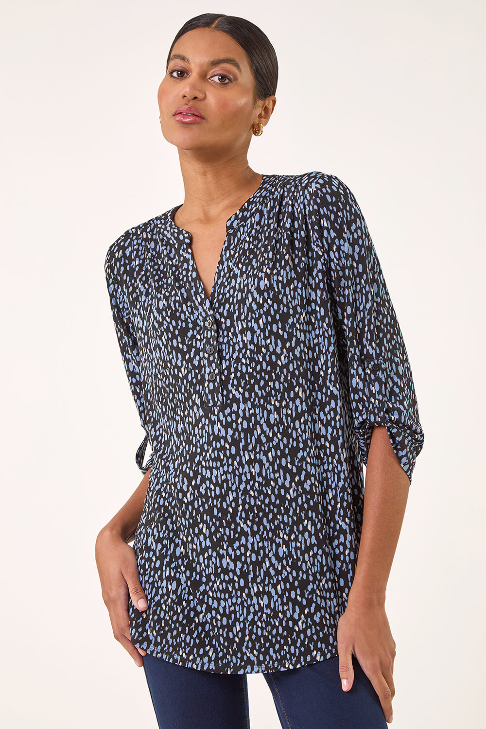Blue Printed Notch Neck Shirt | Roman UK