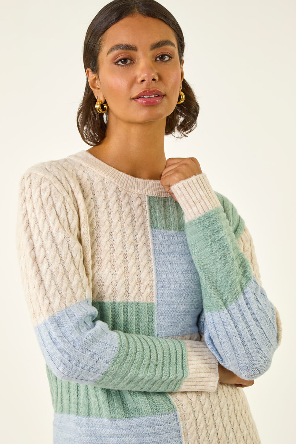 Ivory Colour Block Cable Knit Jumper | Roman UK