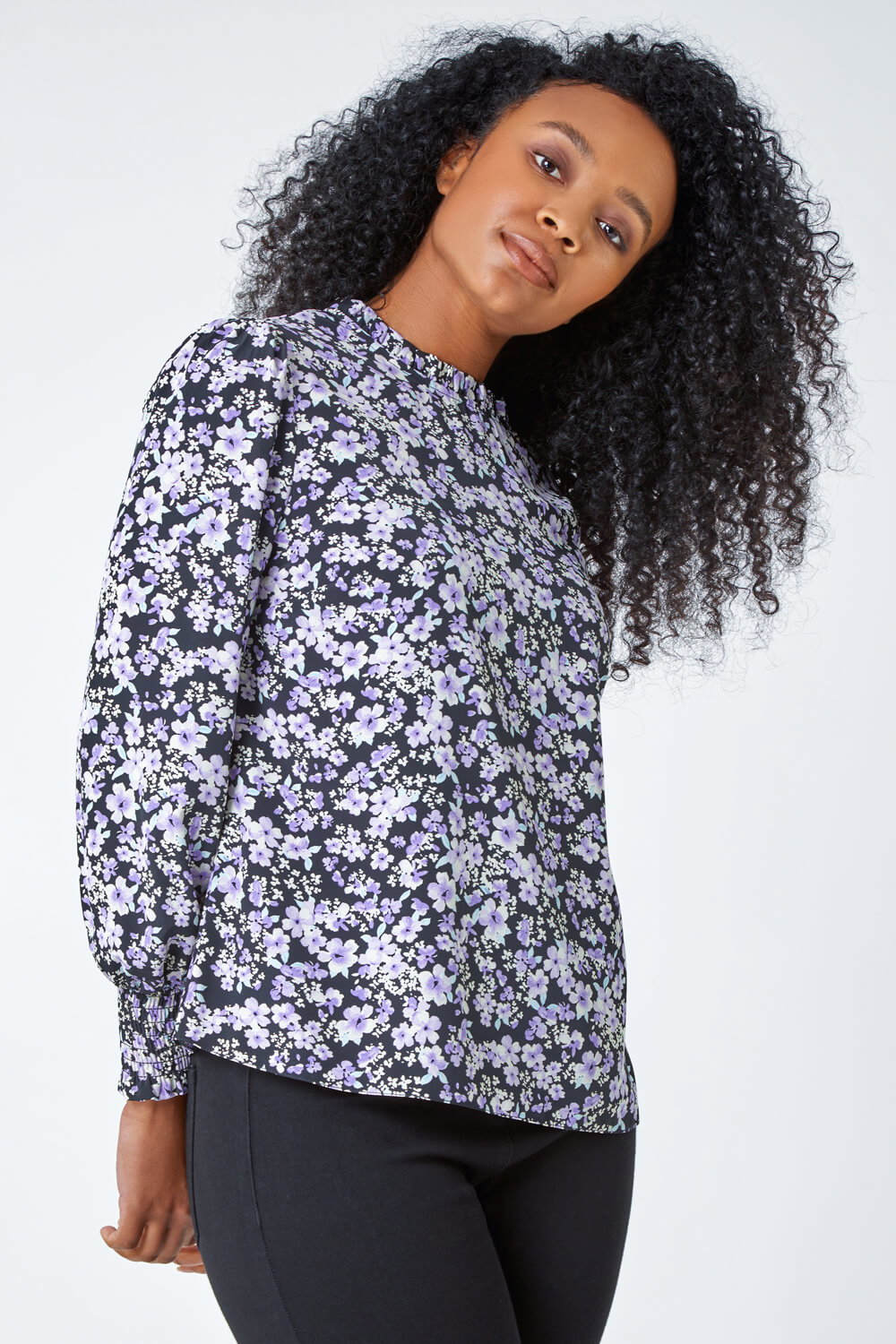 Lilac Petite Floral Print Gathered Neck Top | Roman UK