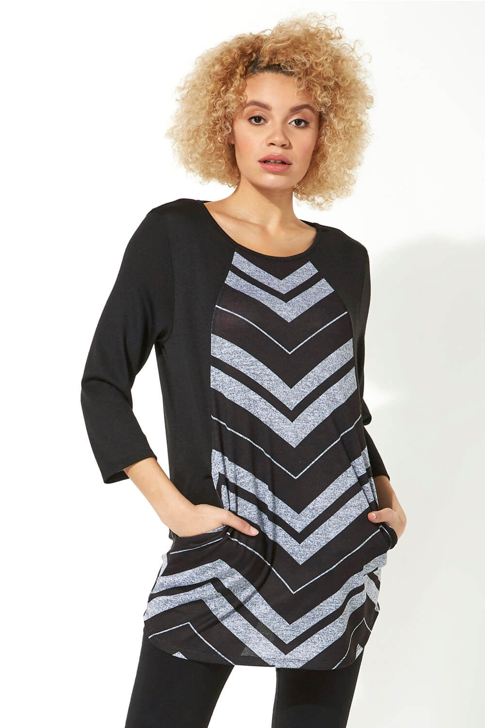 Chevron Print 3/4 Sleeve Top in Grey - Roman Originals UK