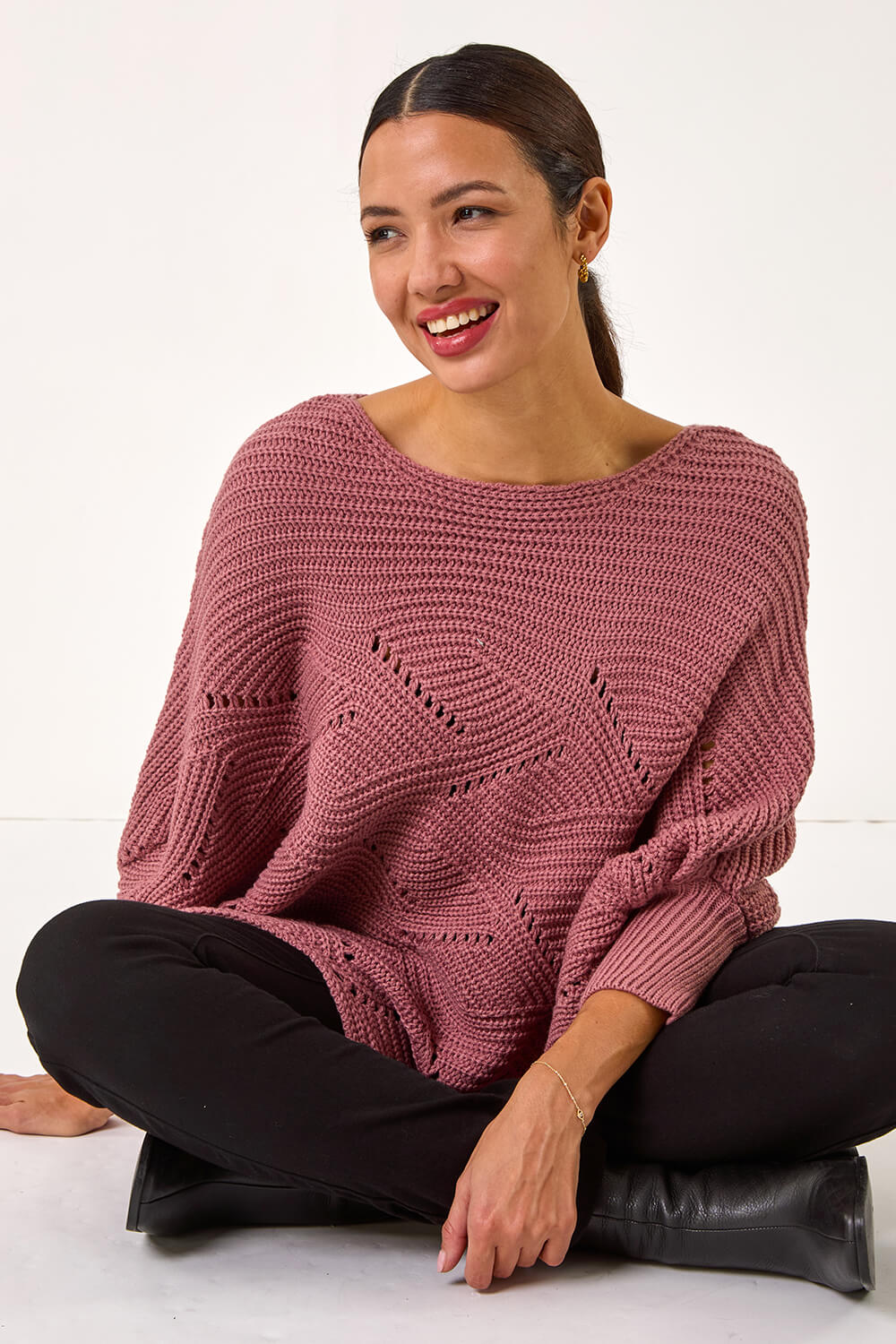 Pink Pointelle Detail Knit Poncho | Roman UK