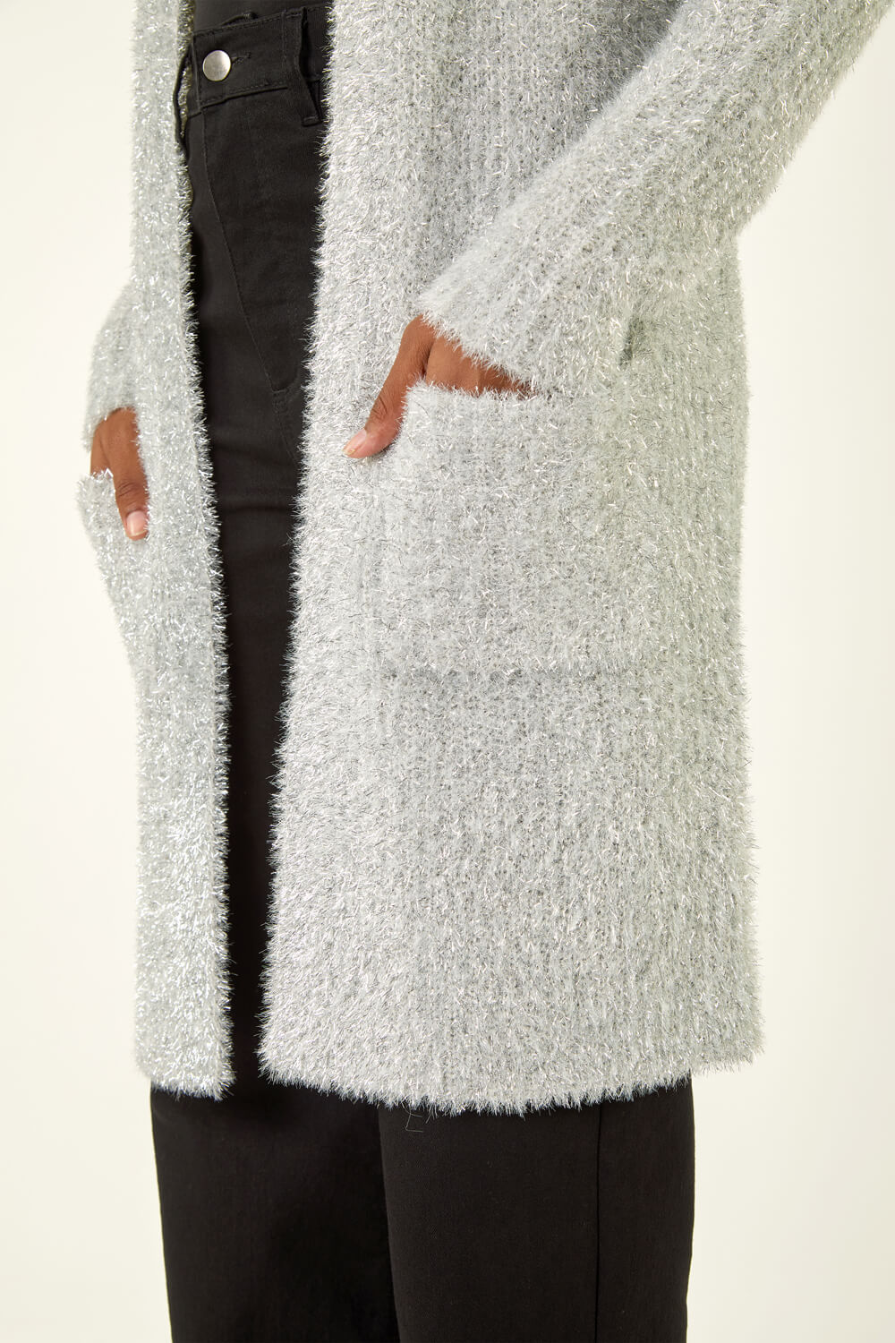 Silver Metallic Longline Knit Cardigan | Roman UK