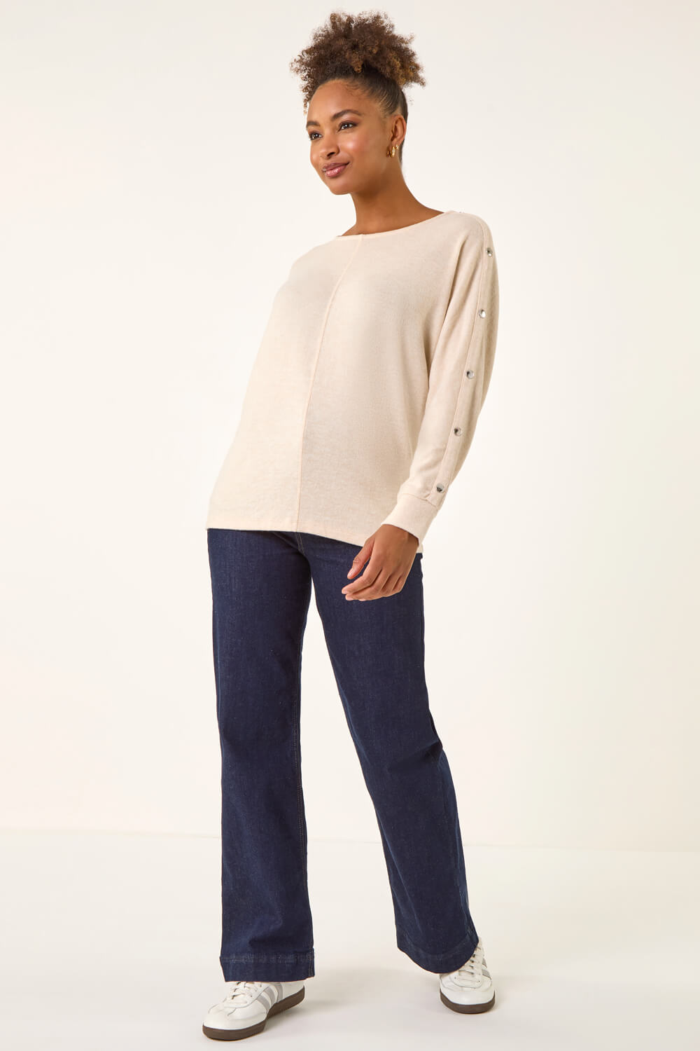 Beige Buttoned Stretch Jersey Top | Roman UK