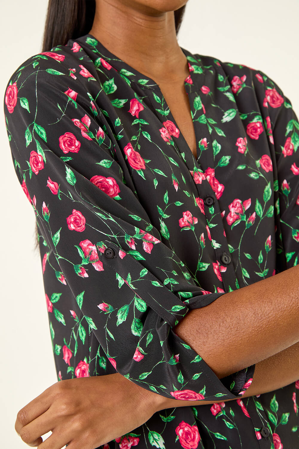 Red Rose Print Longline Buttoned Blouse | Roman UK