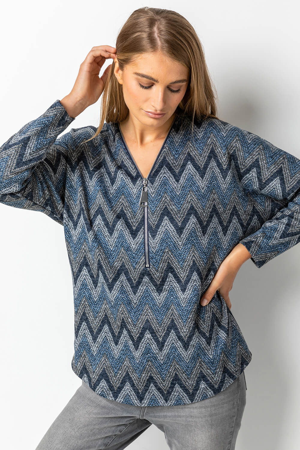 Zig Zag Print Zip Top in Navy - Roman Originals UK