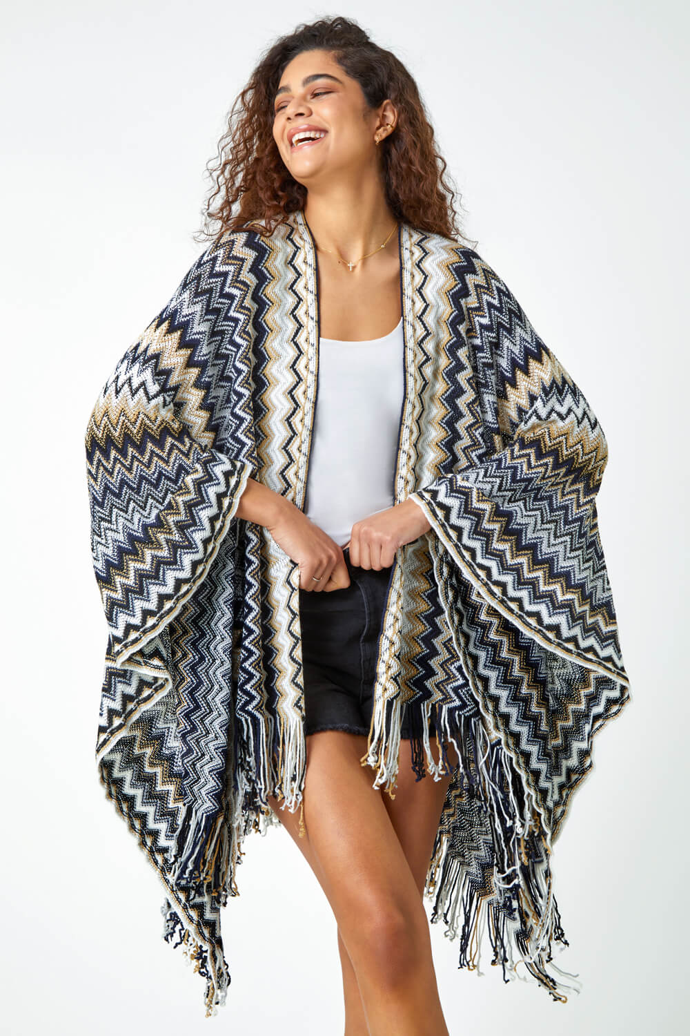 Black Zig Zag Fringe Detail Knitted Cape | Roman UK