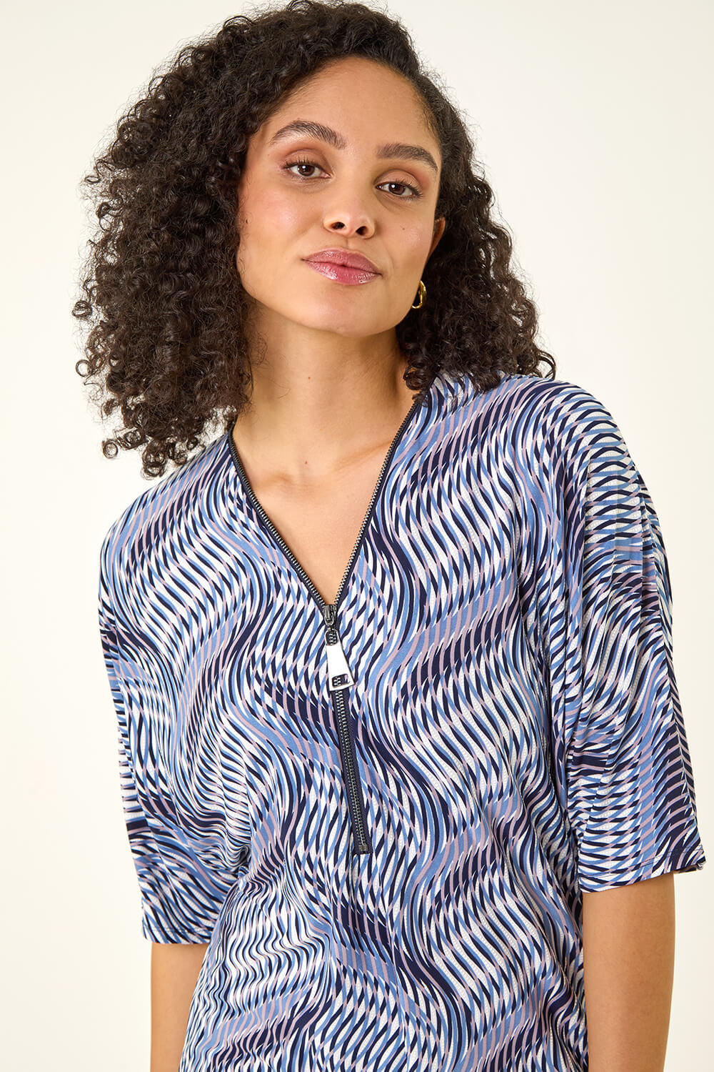 Blue Printed Zip Front Top | Roman UK