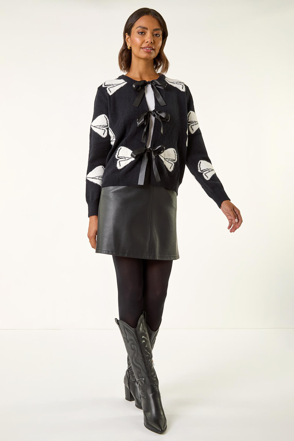 Black Bow Tie Front Knit Jumper | Roman UK