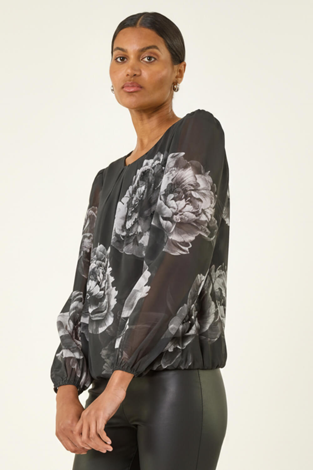 Grey Floral Print Sequin Top | Roman UK