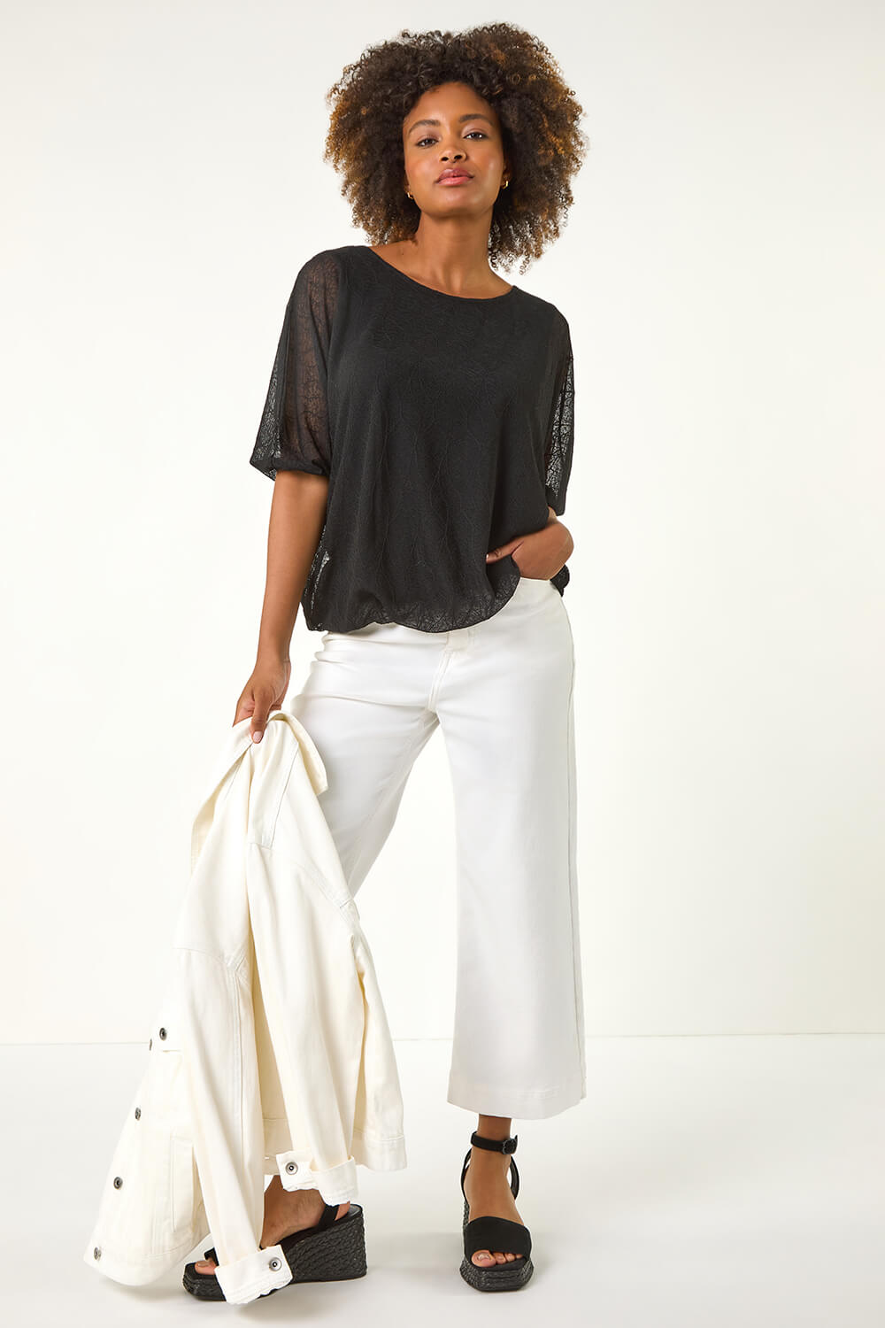Black Mesh Bubble Hem Stretch Top | Roman UK