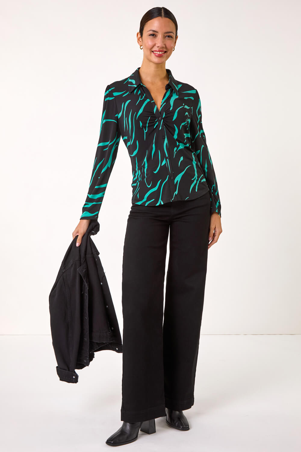 Teal Abstract Linear Print Stretch Blouse | Roman UK