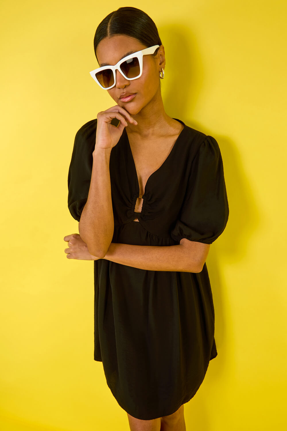 Black Ring Detail V-Neck Gathered Dress | Roman UK