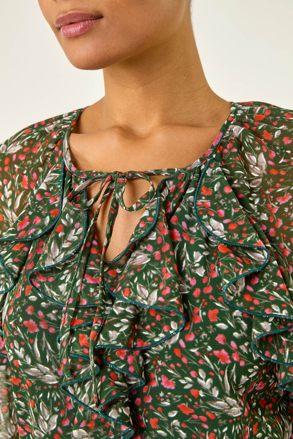 Green Floral Mesh Print Gathered Top | Roman UK