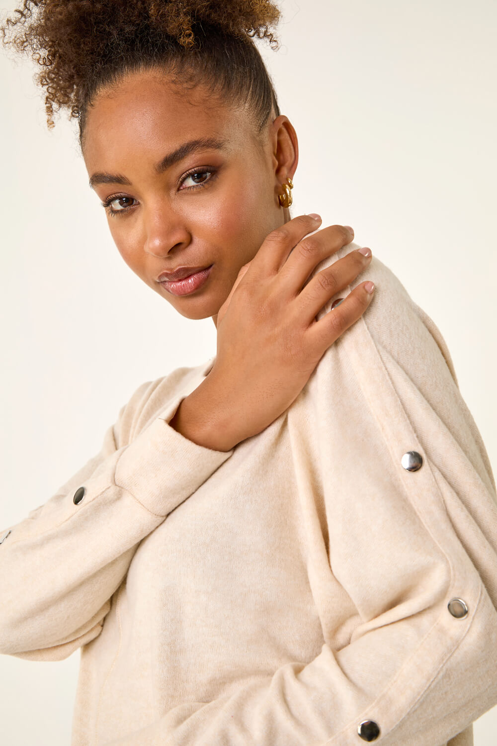 Beige Buttoned Stretch Jersey Top | Roman UK